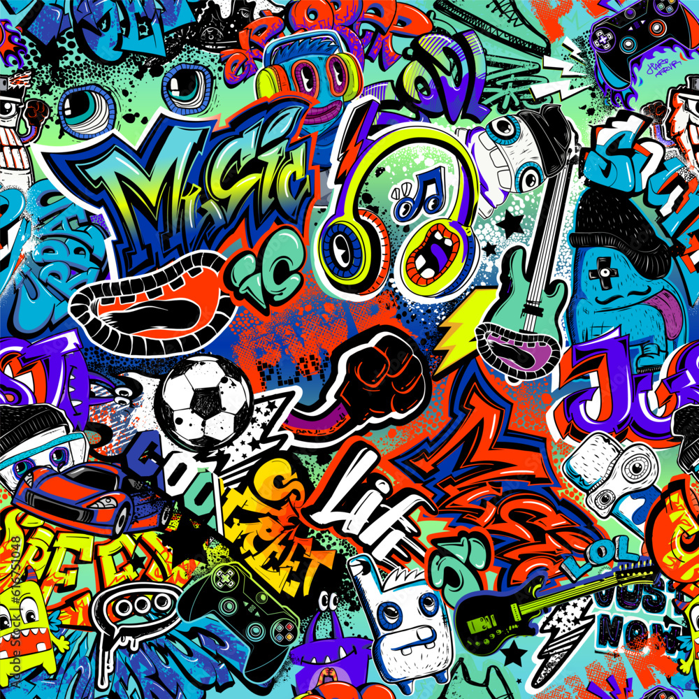 Abstract seamless graffiti comics pattern. Urban street art repeat ...