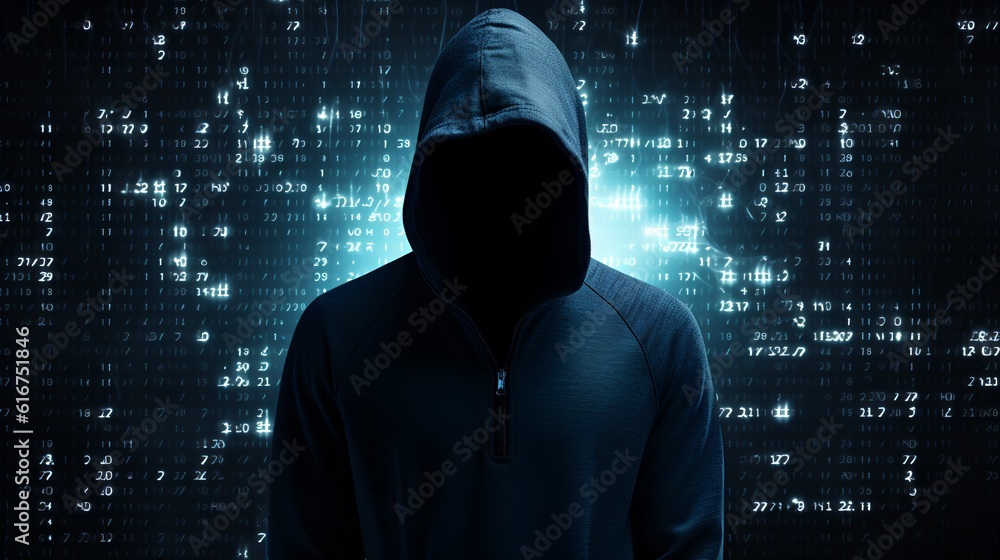 Hacker with a hoodie and a hidden face, set against an abstract data ...