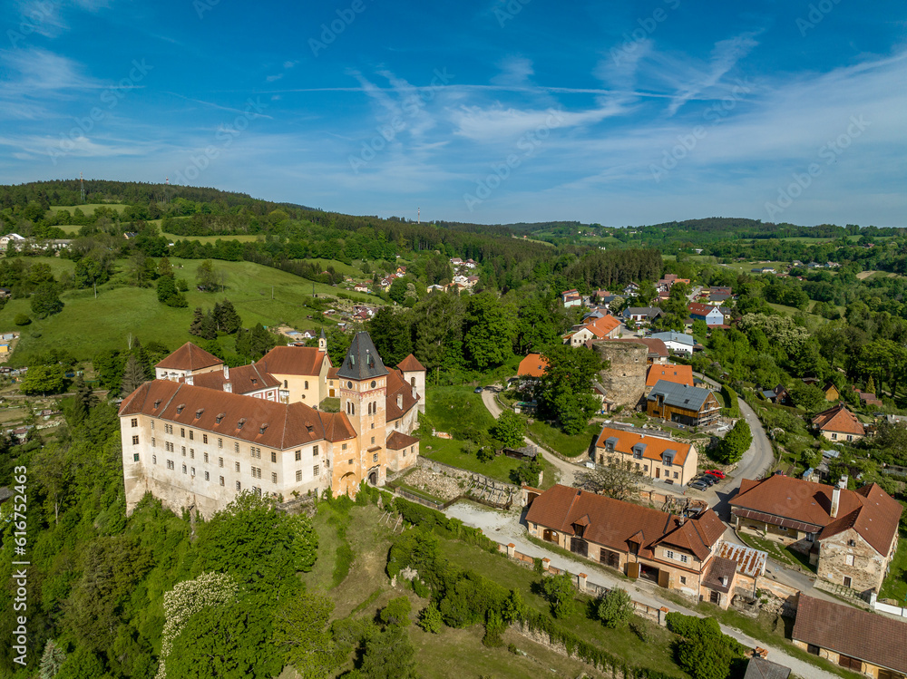 Aerial view of Vimperk Renaissance chateau castle with fortified round ...