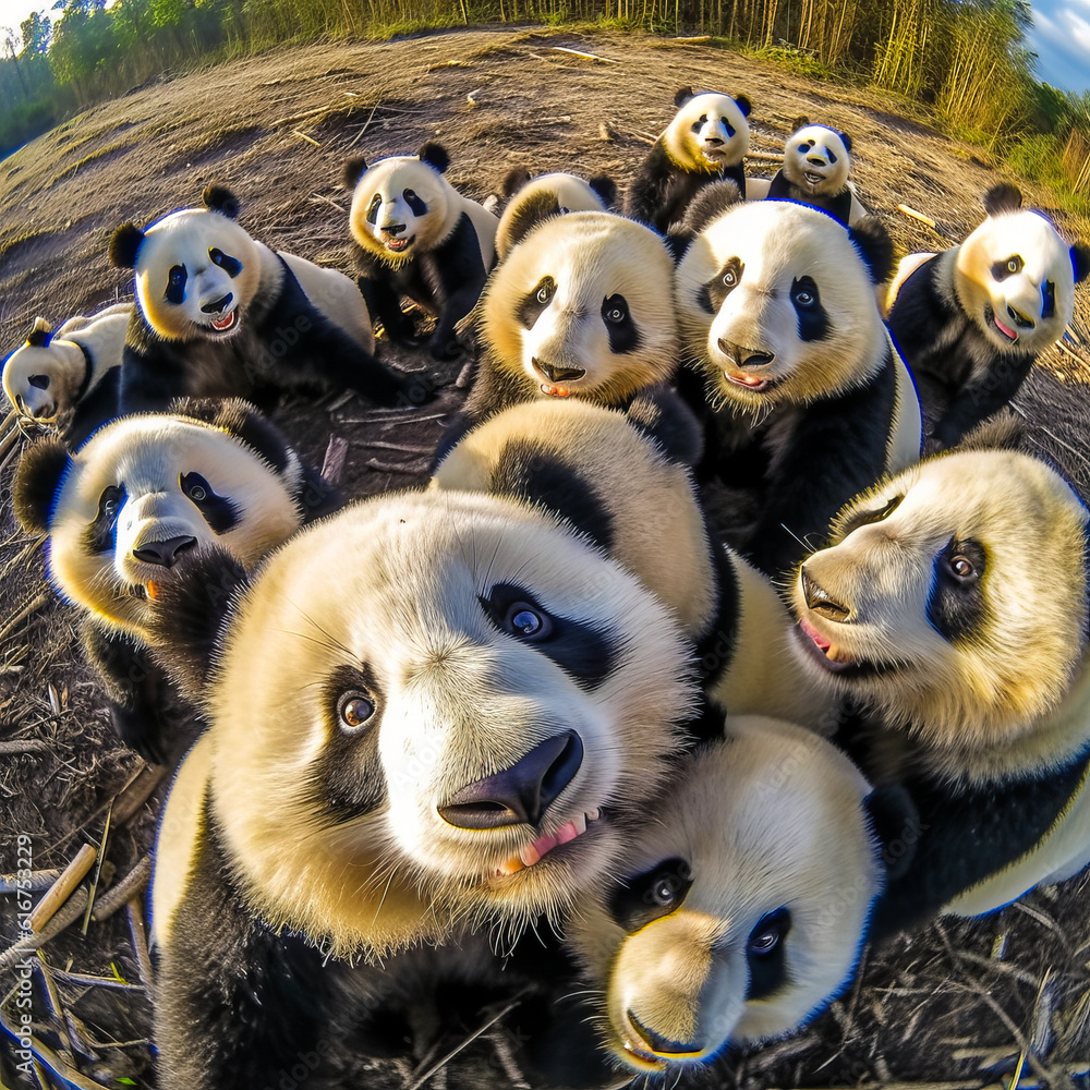 Captivating group selfie of adorable pandas in an elevated setting, exuding fun and amusement ...