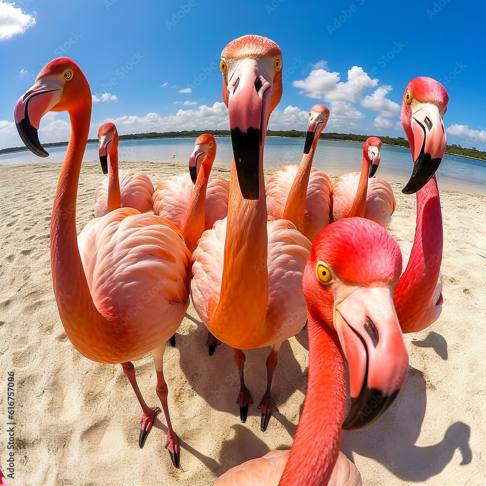 Captivating overhead view of a group of charming flamingos taking a ...