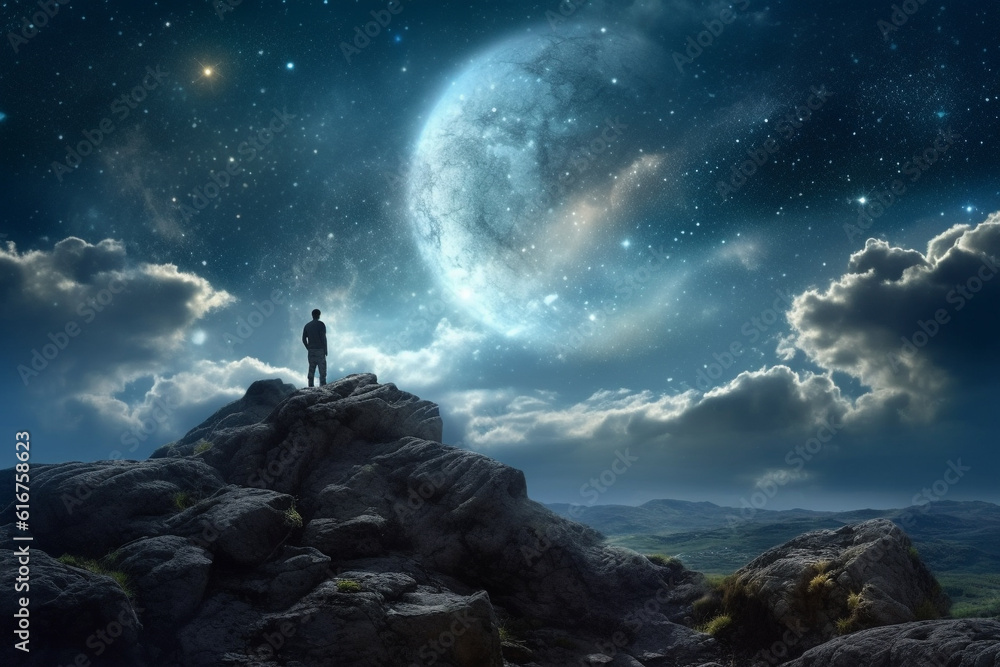 Silhouette man standing at high place on cliff and look up outer space ...