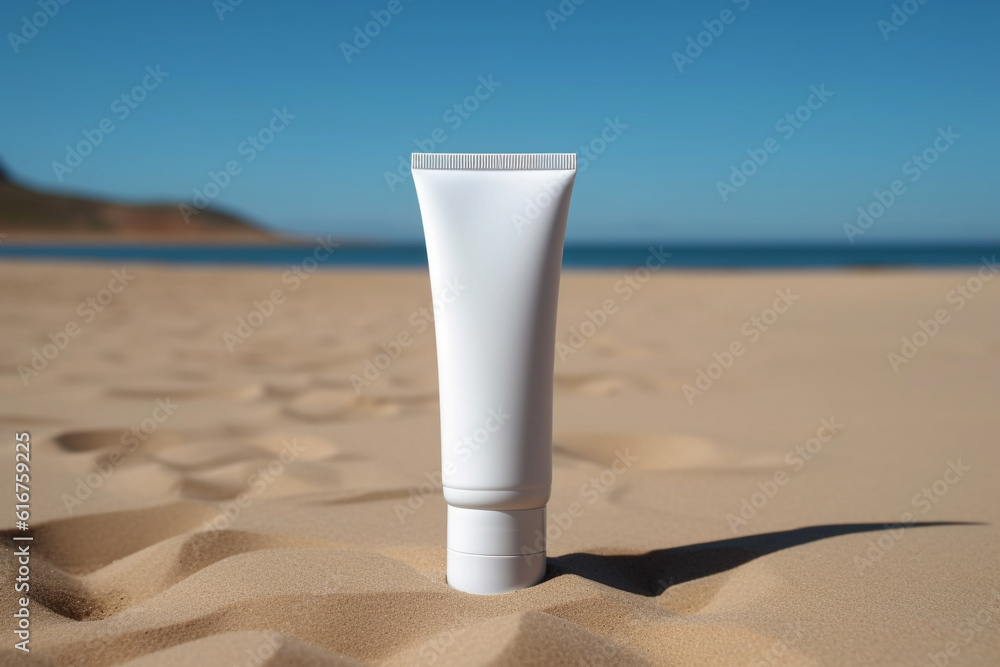 Blank empty white plastic tube on the beach with blue ocean background ...