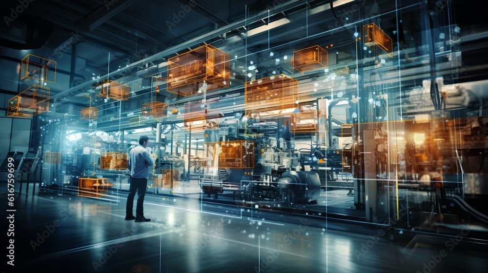 A futuristic image illustrating the concept of a smart factory ...