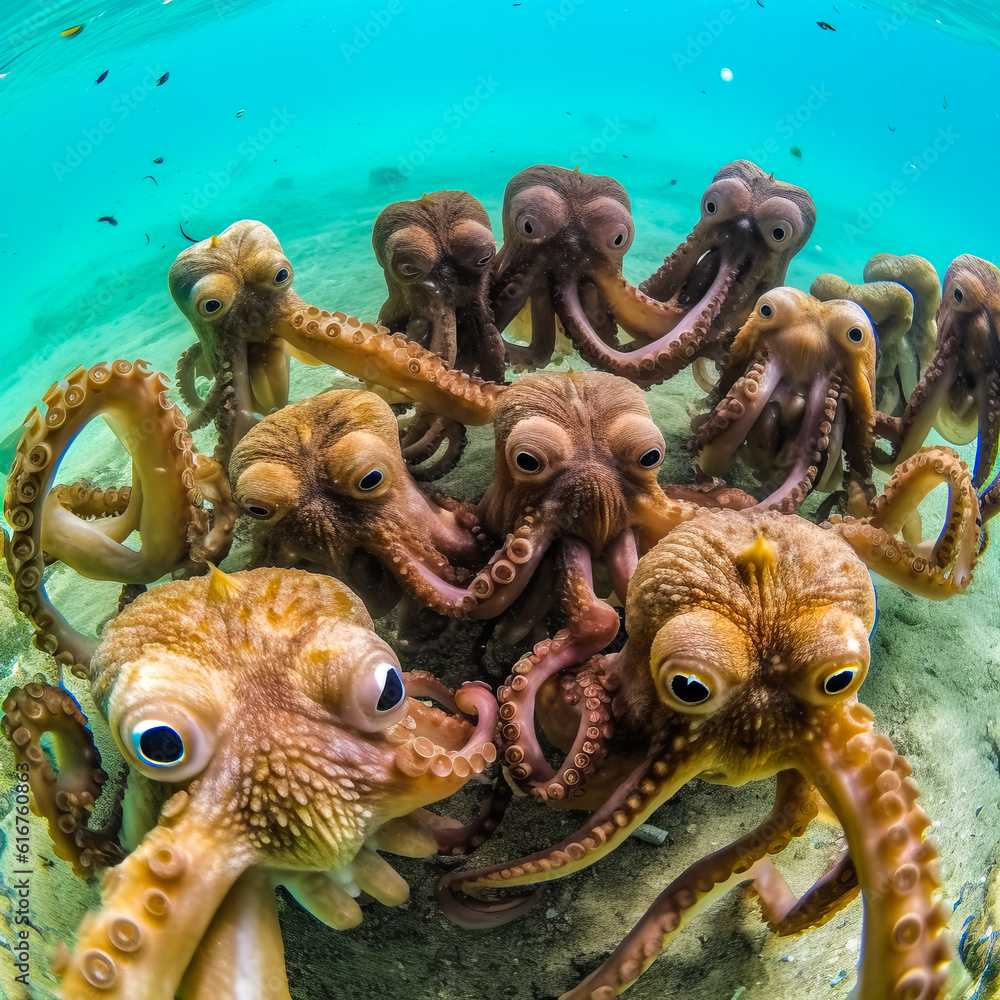 Captivating octopus selfie, playful group from above, exuding fun and ...