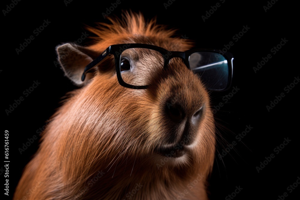 Clever funny capybara wearing eyeglasses on black background. cute ...