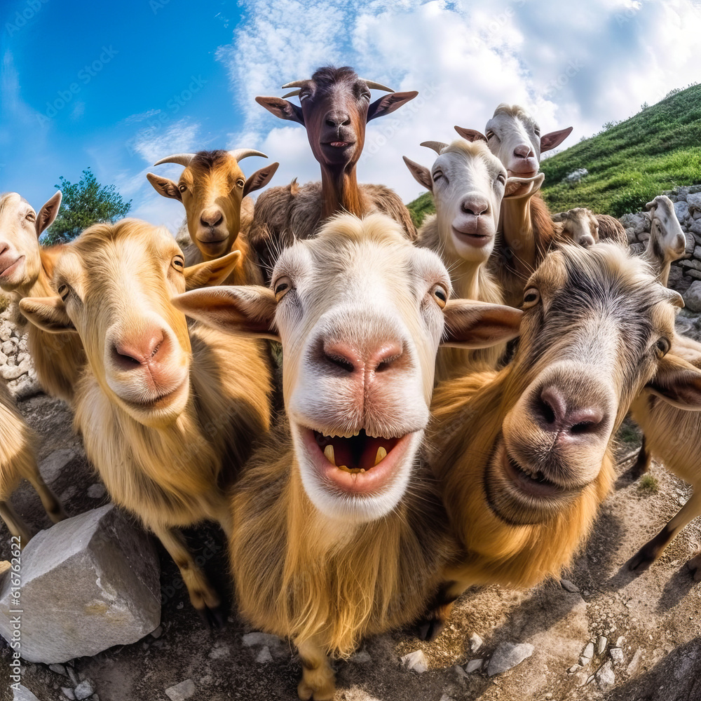 Captivating aerial view of animated goats in a cheerful selfie, exuding ...