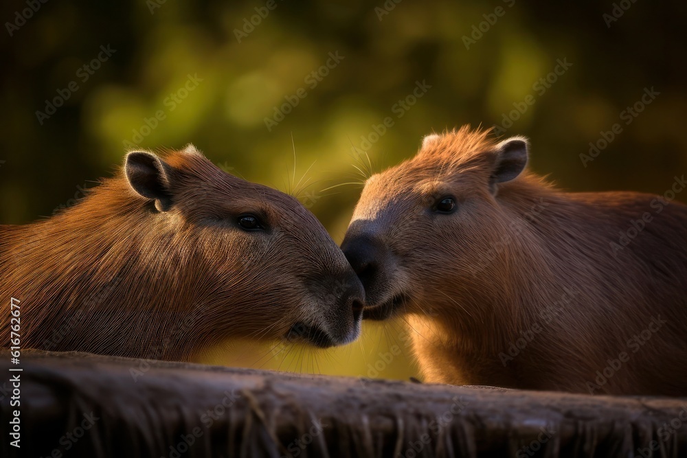 cute capybara couple snuggle up to each other with their noses on a ...