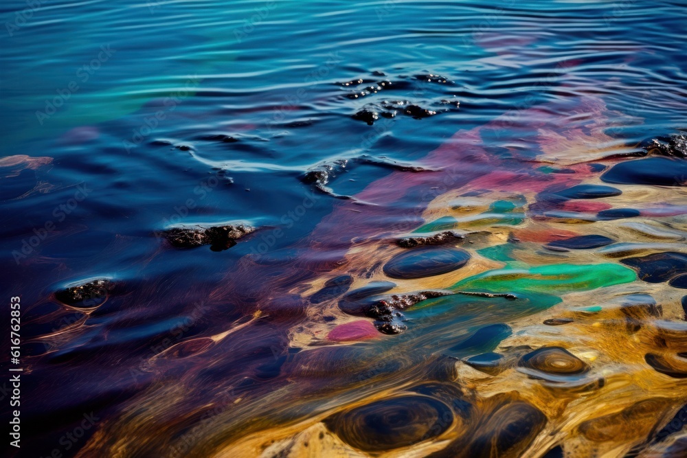 oil spill on the sea, pollution of the ocean. Slick industry oil fuel ...