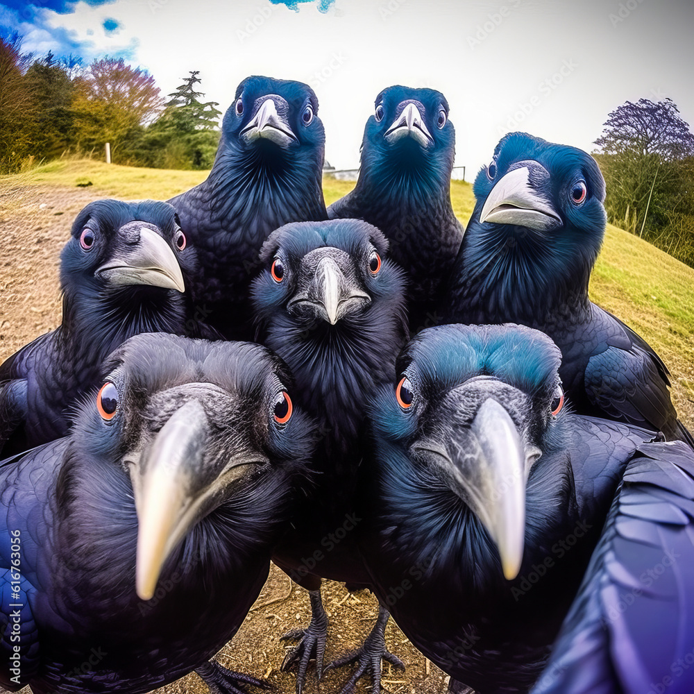 Captivating group of animated crows taking a humorous and fun selfie ...