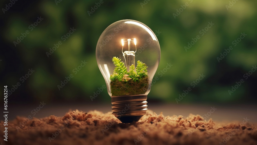 Plant growing in light bulb with glowing bulb on sand background ...