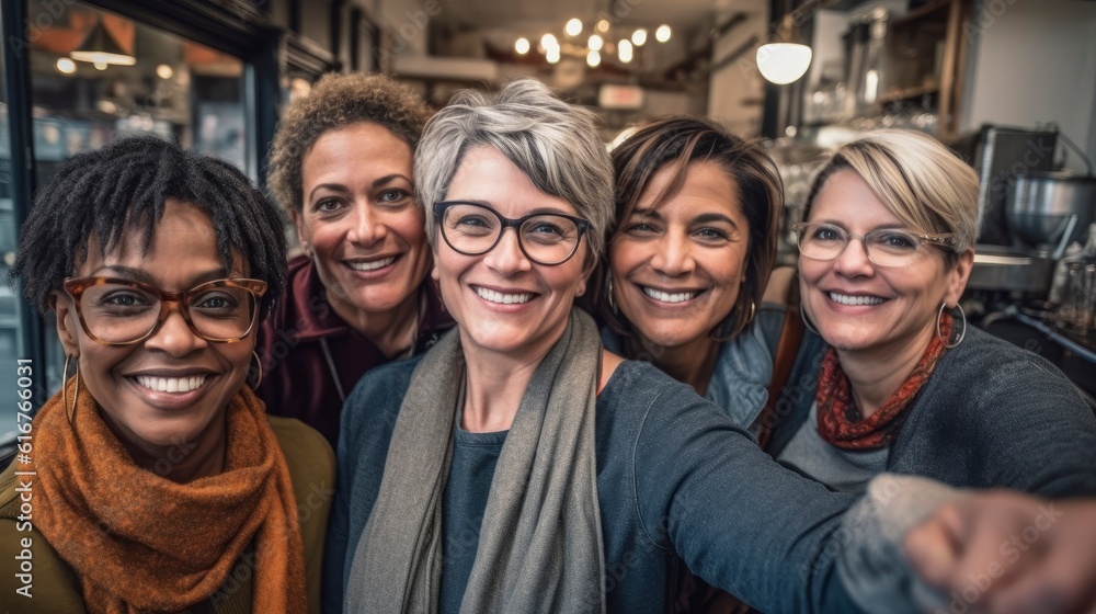 Take a selfie of 5 woman. Women of different races, genders and ages ...