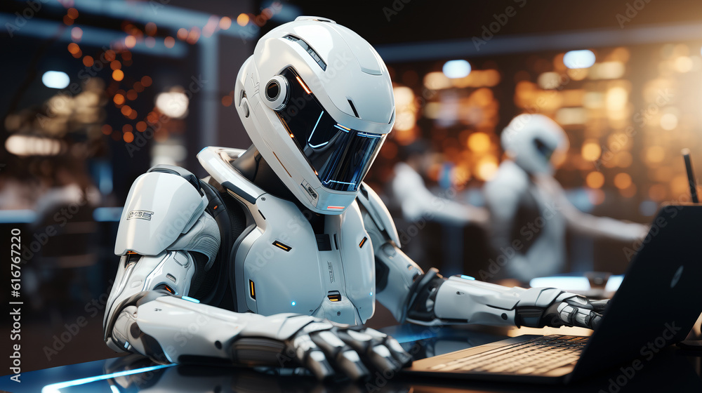 White, cute robot in a control room with a laptop, surrounded by a ...