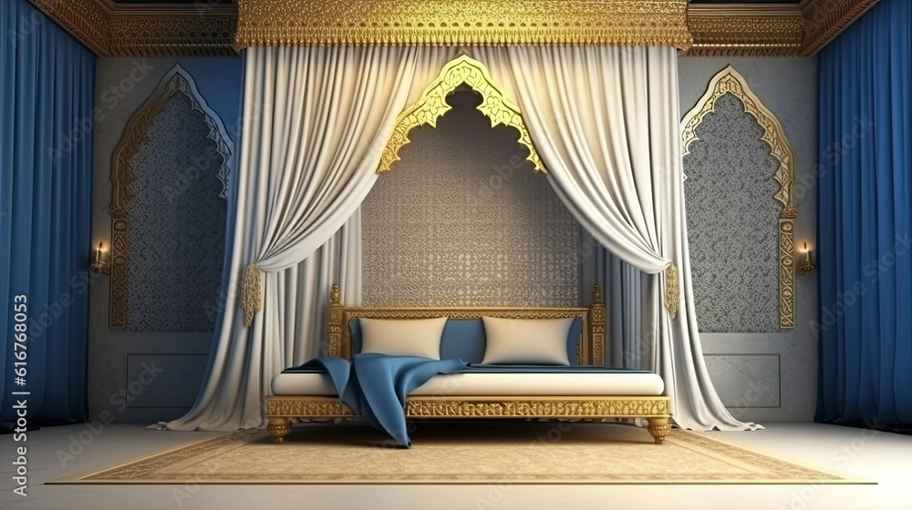 Mock-up poster frame in a serene Islamic-themed bedroom with a ...
