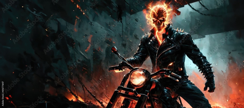 Ghost Rider on Burning Motorcycle with Hellish Background Stock ...
