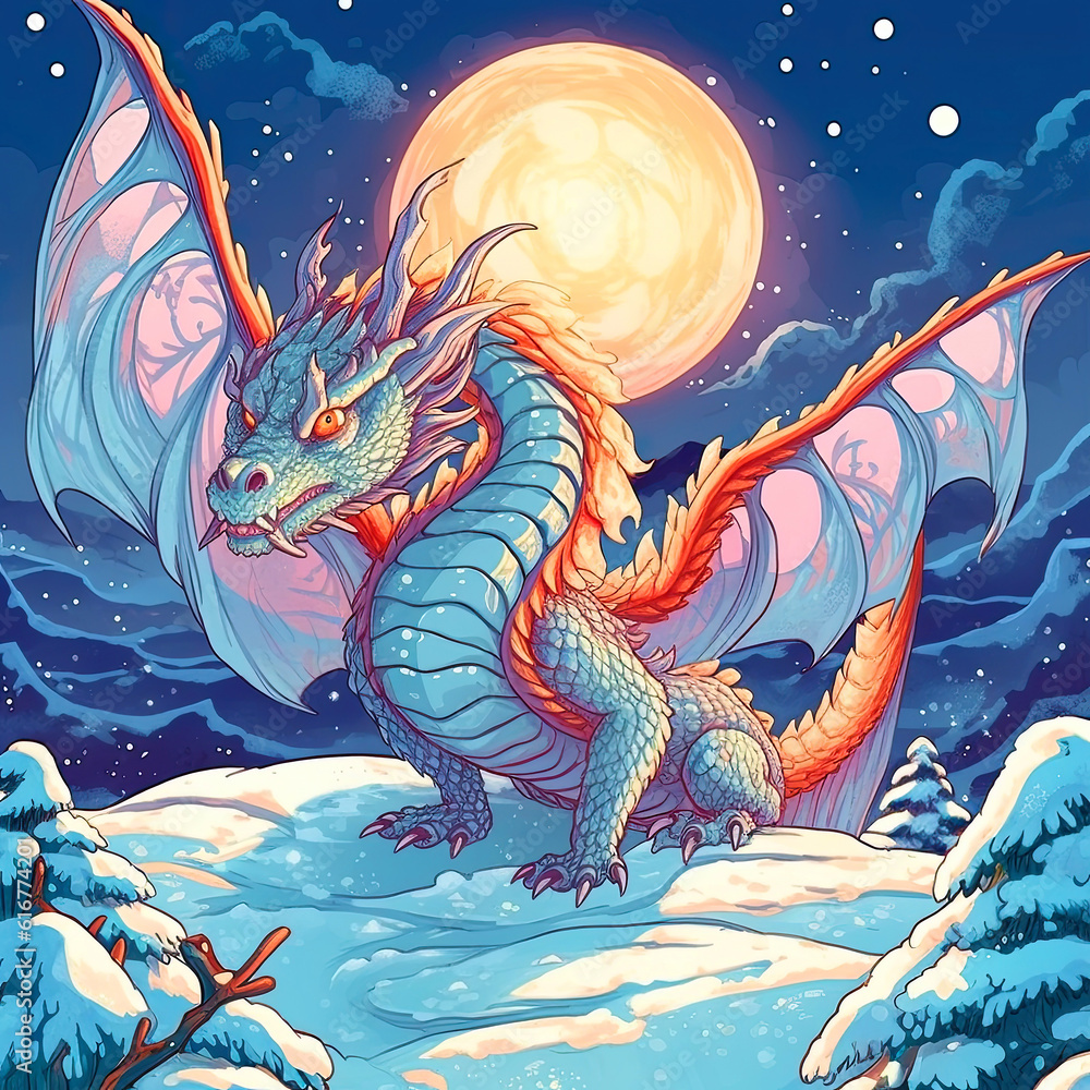 A winter dragon sitting on a rock amid a landscape of snow-capped ...