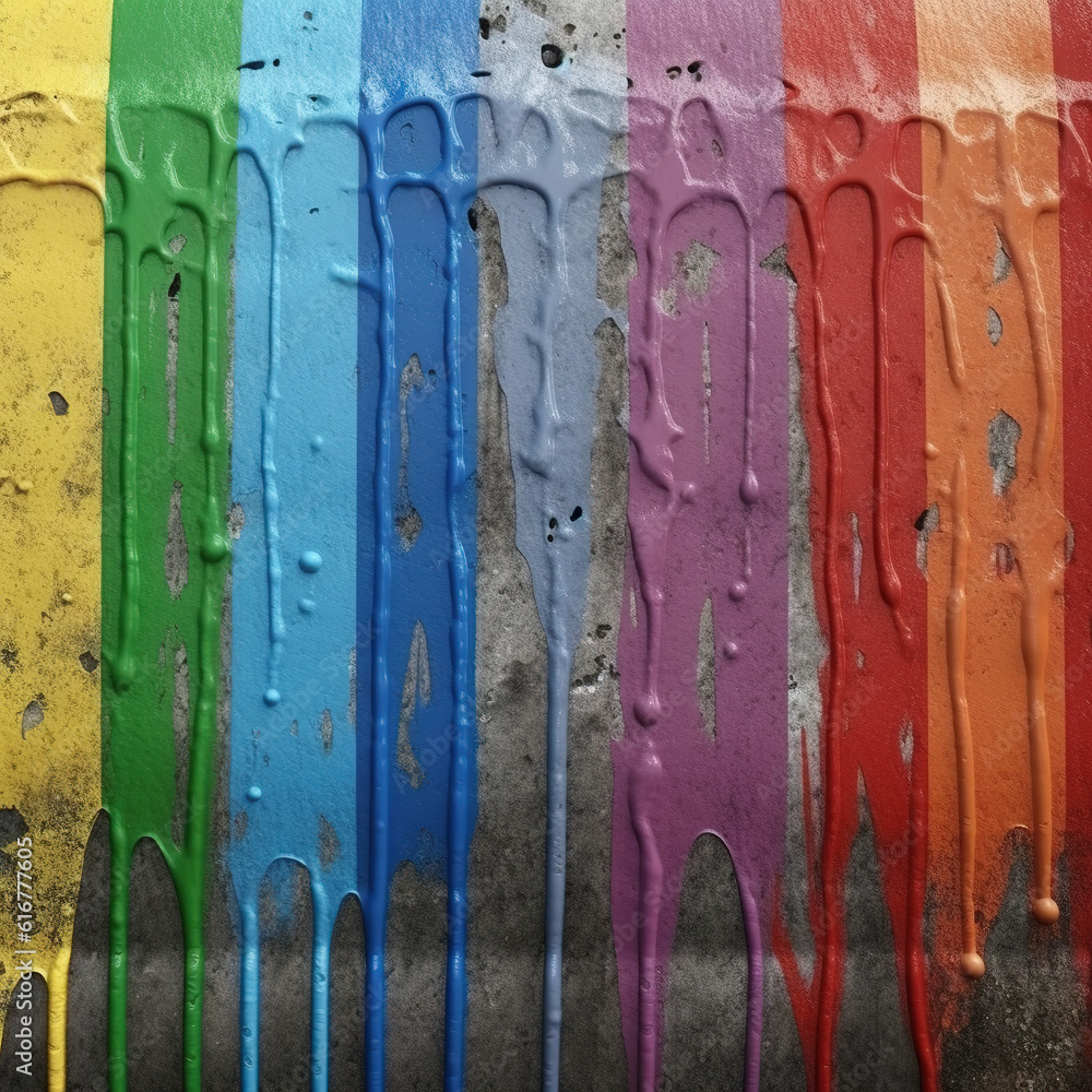 Graffiti on a concrete wall, rainbow pride flag stripes, dripping paint ...