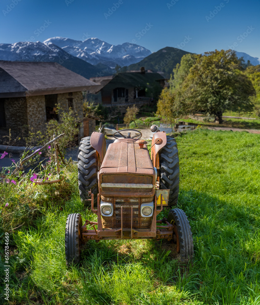 Front of beautifully restored vintage tractor illuminated by dawn ...