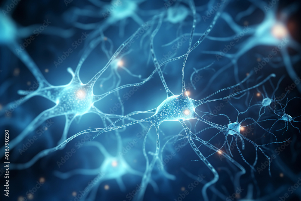 Neuron connection generated with AI. 3d microscopic render. 3d image ...