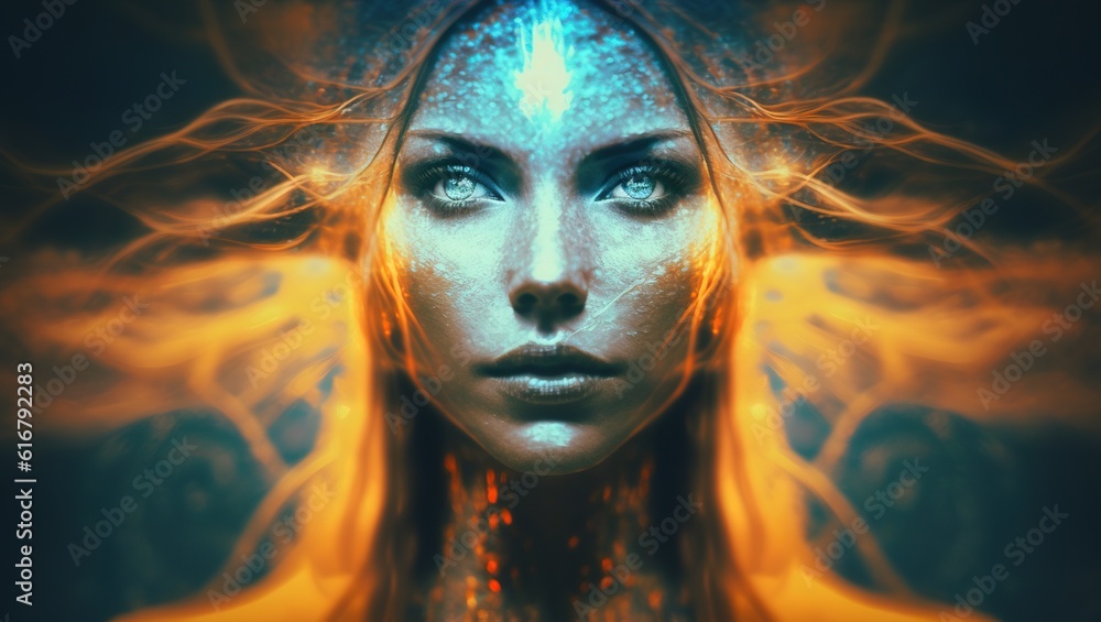 A beautiful face portrait of a powerful yogi woman who is a mistress of ...