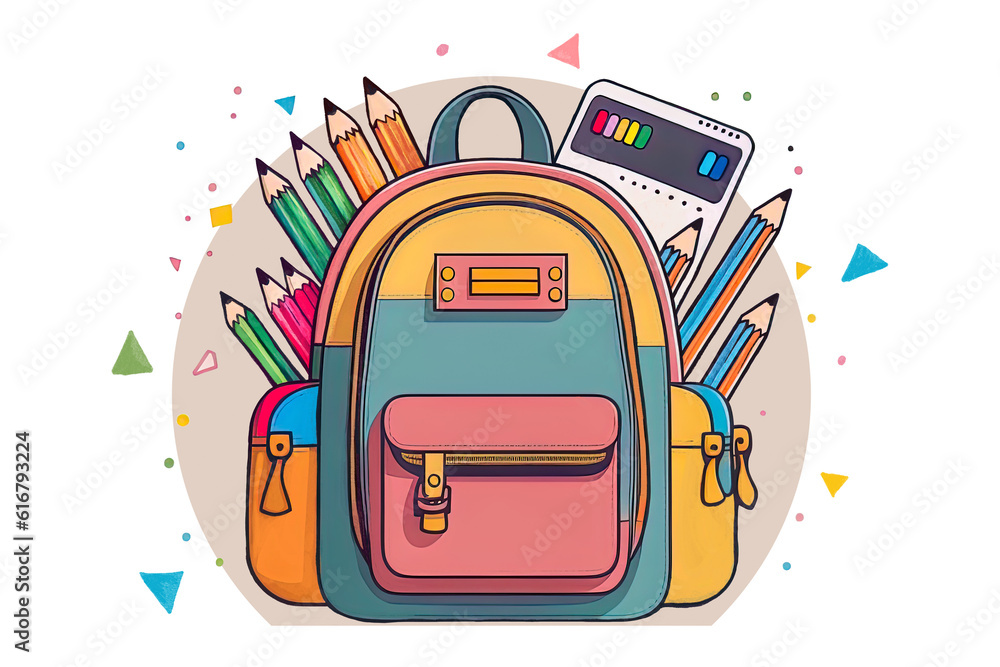 The school backpack with colored pencils and a calculator on the white ...