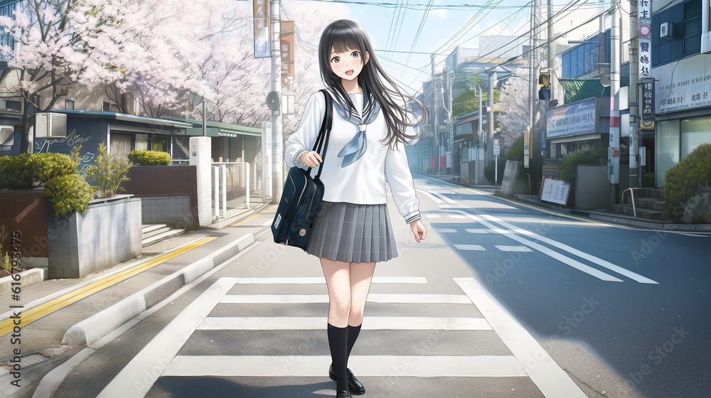 A Happy Beautiful Anime Girl With A Smile Waving Goodbye To School Mates Taking A Picture Of