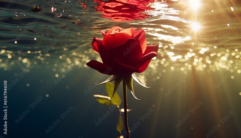 single red rose growing under water, 32k UHD, caustics, light rays ...