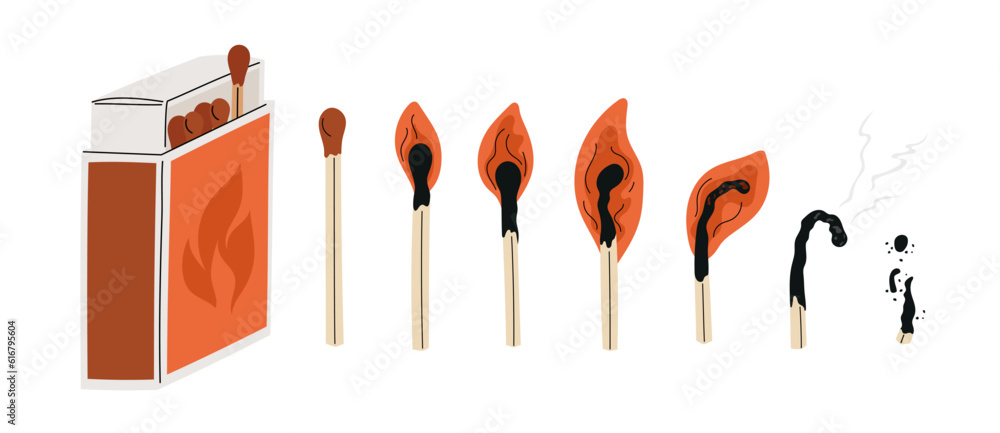 Cartoon burning match animation. Gradual combustion and extinction ...