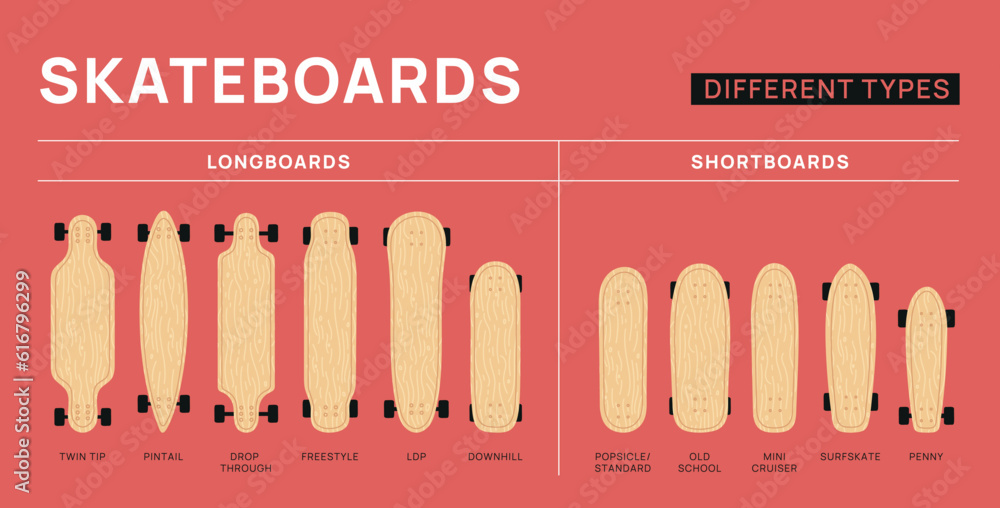 Cartoon skateboards types. Extreme sports. Equipment for skateboarding ...