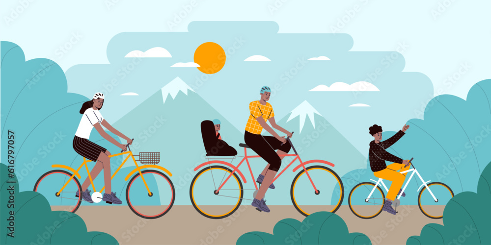 Family bike ride. Cartoon happy parents with kids on bicycles. Outdoor ...