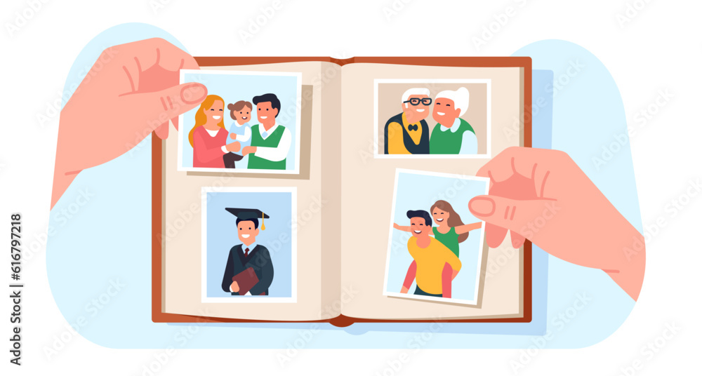 Vetor de Family photo album. Hands holding memorable photographies ...