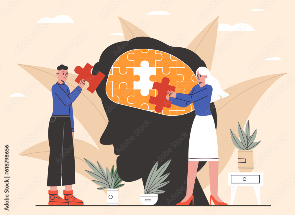 Mental health. Man and woman putting together puzzle in large ...