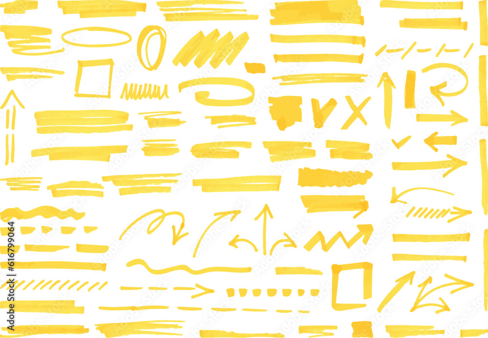 Yellow highlighter elements, acid highlighters marker stripe. Underline ...