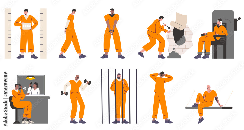Prison people. Cartoon prisoners in orange jumpsuits. Dating room ...