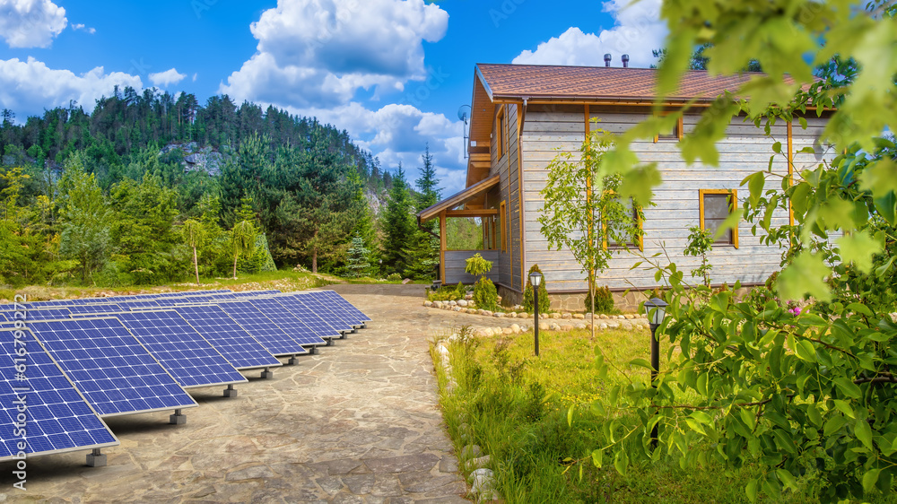 Solar generators. Territory of country house. Photovoltaic panels ...