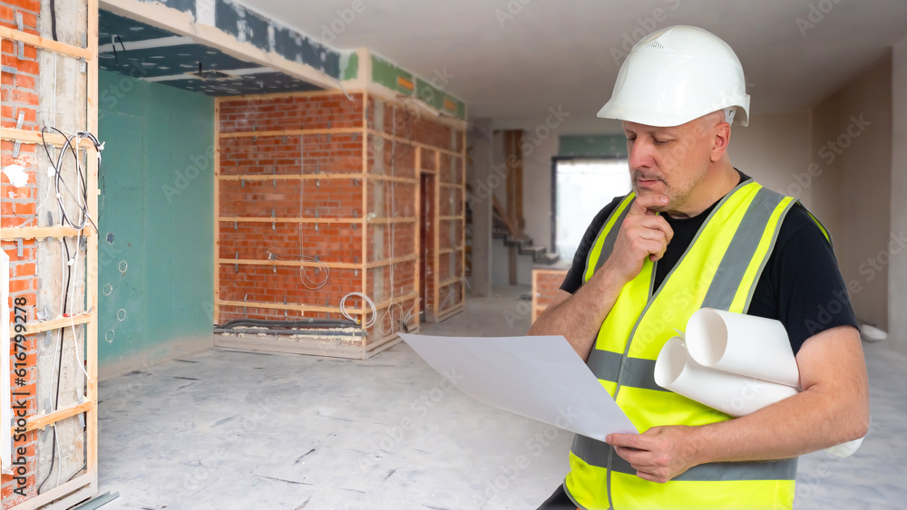 Man in house under construction. Builder thought. Repairman studies ...