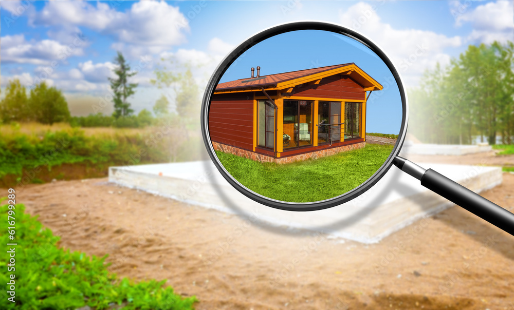 Foto de House under magnifying glass. Foundation for building. Place ...