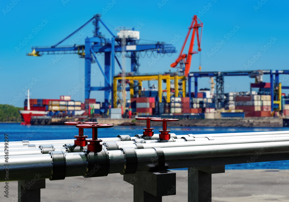 Gas pipeline. Port on seashore. Gas terminal. Pipeline near ocean. Sea ...