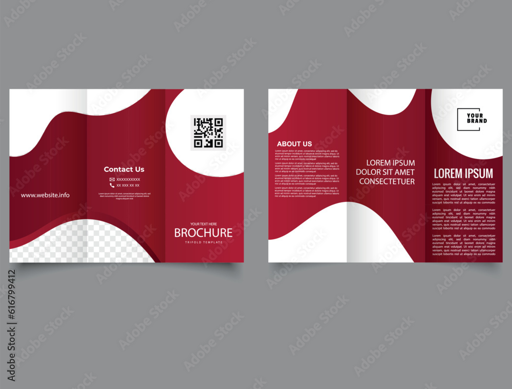 Red trifold brochure with abstract shapes. Vector editable template ...