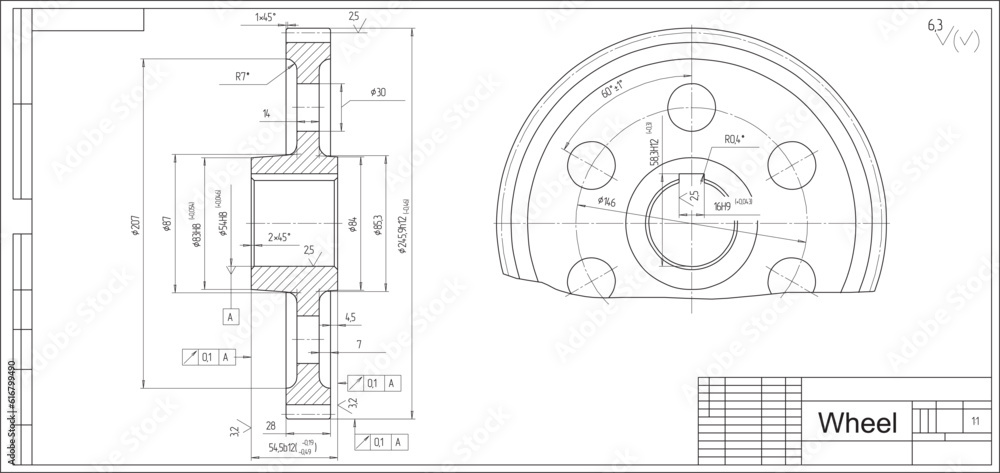 Vector engineering cad drawing of a mechanical part (steel wheel) with ...