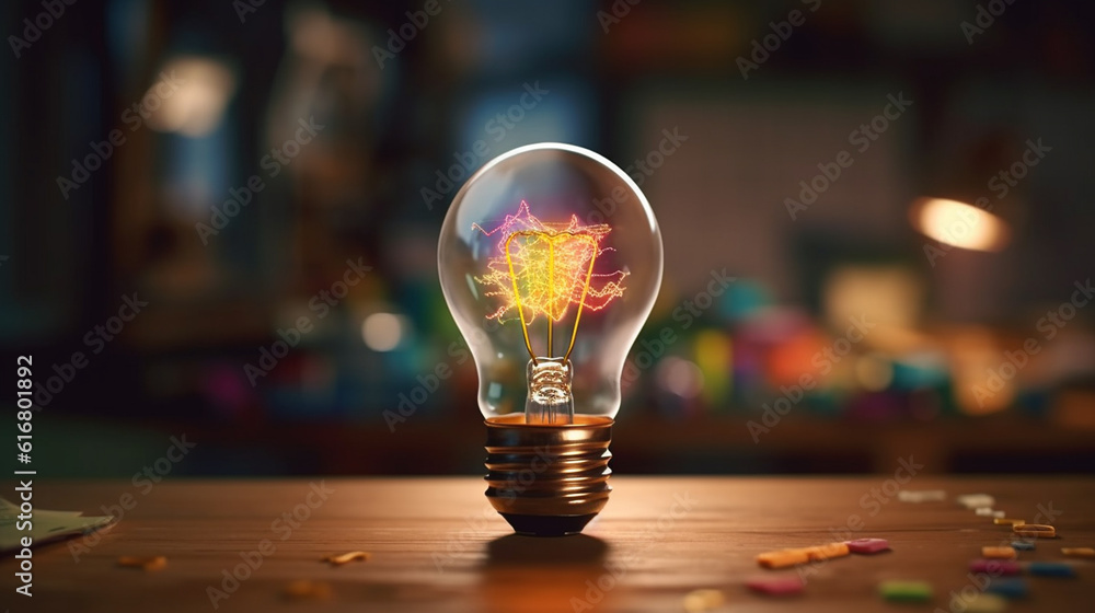 Glowing light bulb with world map inside on bookshelf background ...
