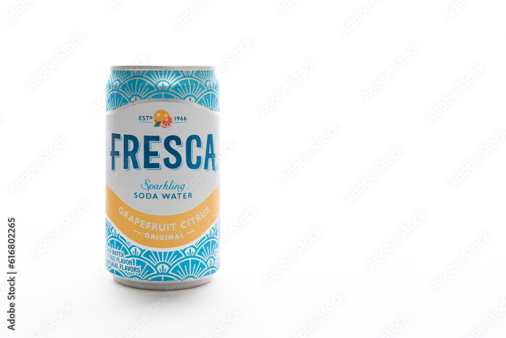 Fresca soda can on white background with copy space. Taken at Durham ...