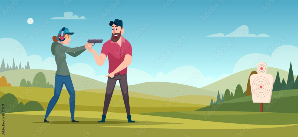 Shooting range. Cartoon background persons with guns in shooting ...