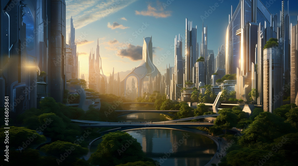 Futuristic city. Utopia in daylight. Modern skyscrapers with plant ...