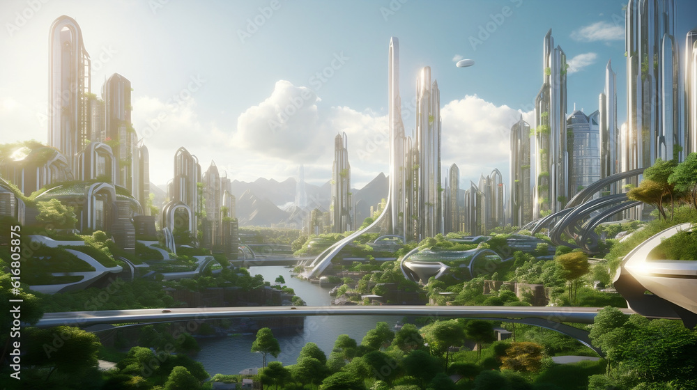 Futuristic city. Utopia in daylight. Modern skyscrapers with plant ...