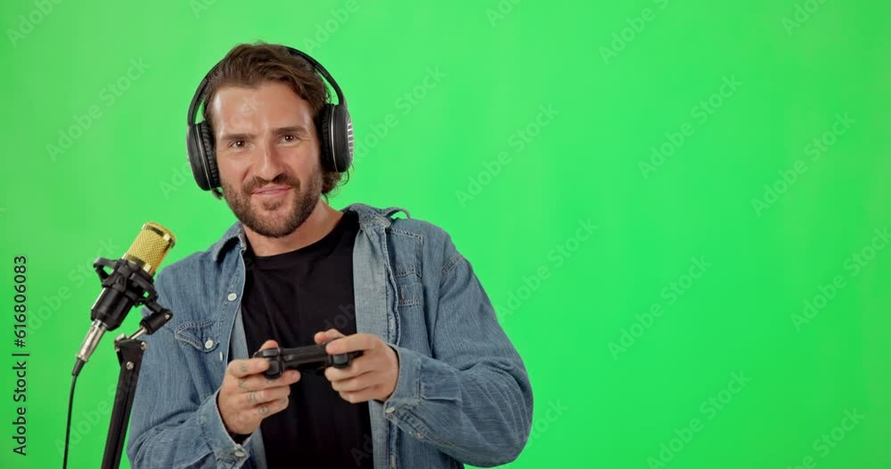 Live streaming, gaming and face of man on green screen for social media ...