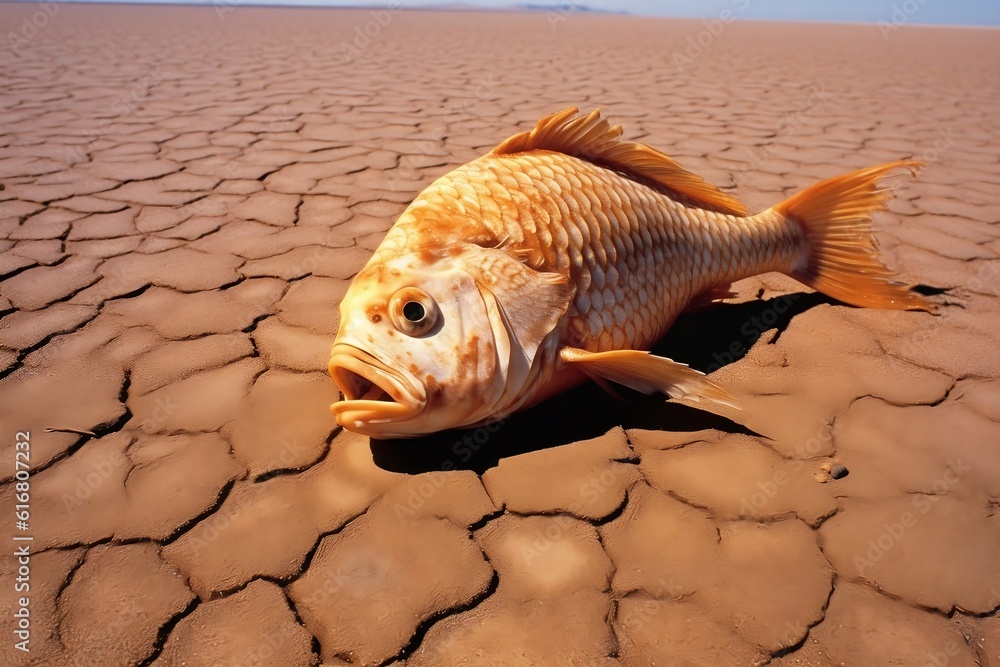 Symbolic Dead Fish on Dry Desert Floor Depicting Overfishing and ...