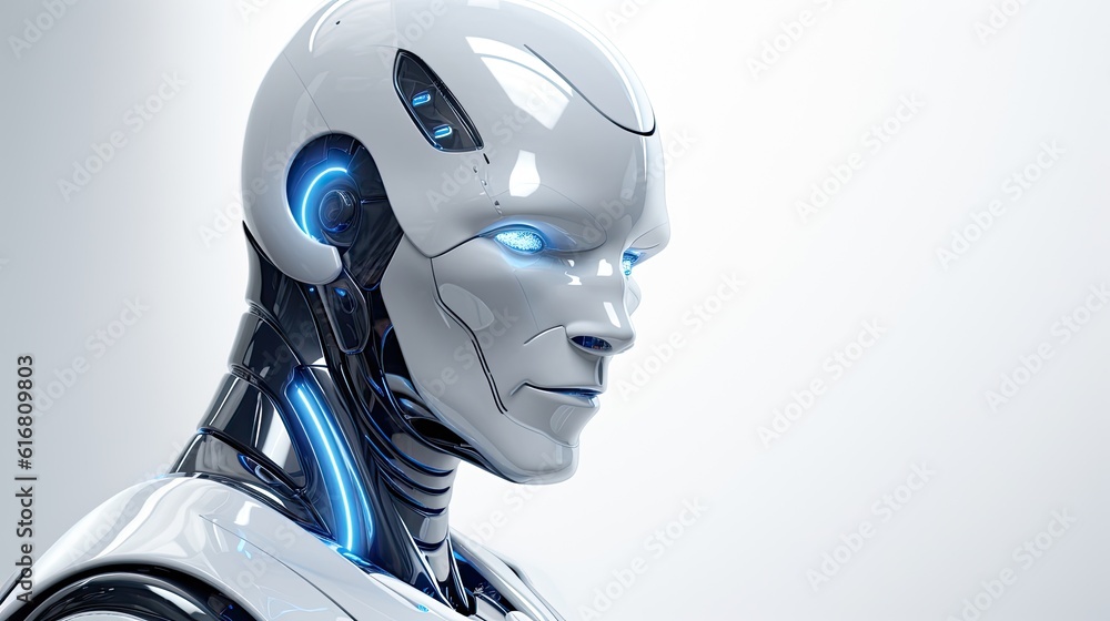 Face portrait of a white male android robot with glowing blue eyes, AI ...