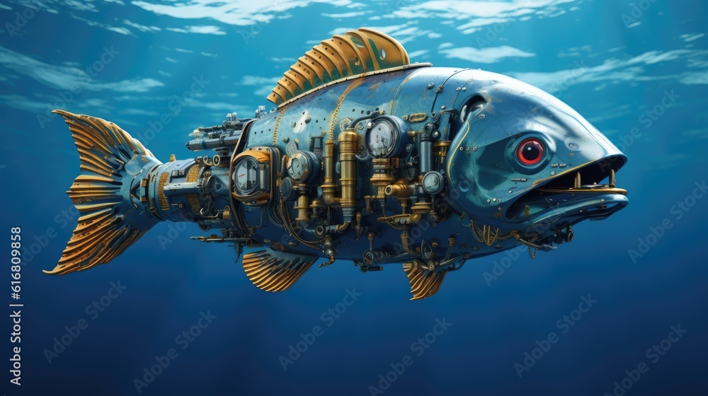 Mechanical submarine fish is in blue ocean water, abstract underwater ...