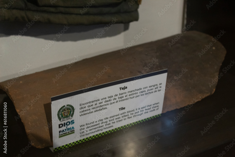 BOGOTA, COLOMBIA Closeup to a ceramic clay stained with blood of pablo ...